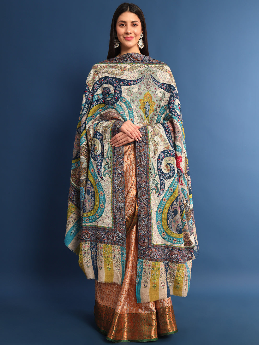 Women Mehar Fine Wool Fabric Pashmina Kalamkari Embroidered Shawl (Siz
