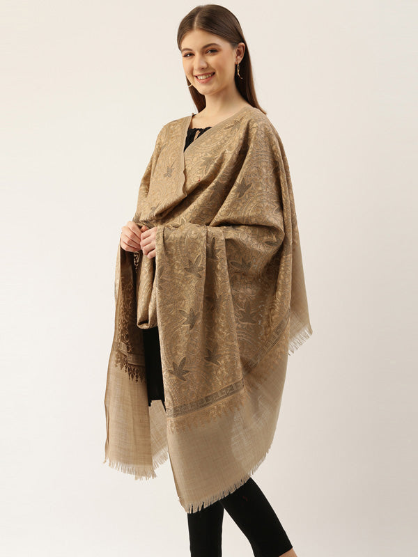 Women's Beige Pure Wool Crystal Work and Aari Embroidered Shawl (Size
