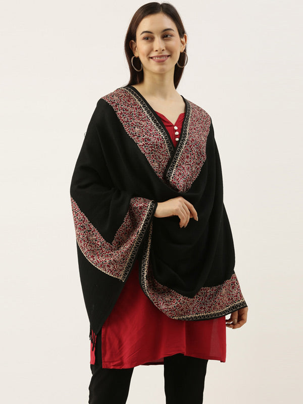Buy Black Pure Wool Nalki (Size 28x80) Embroidered Stole | Pashmoda