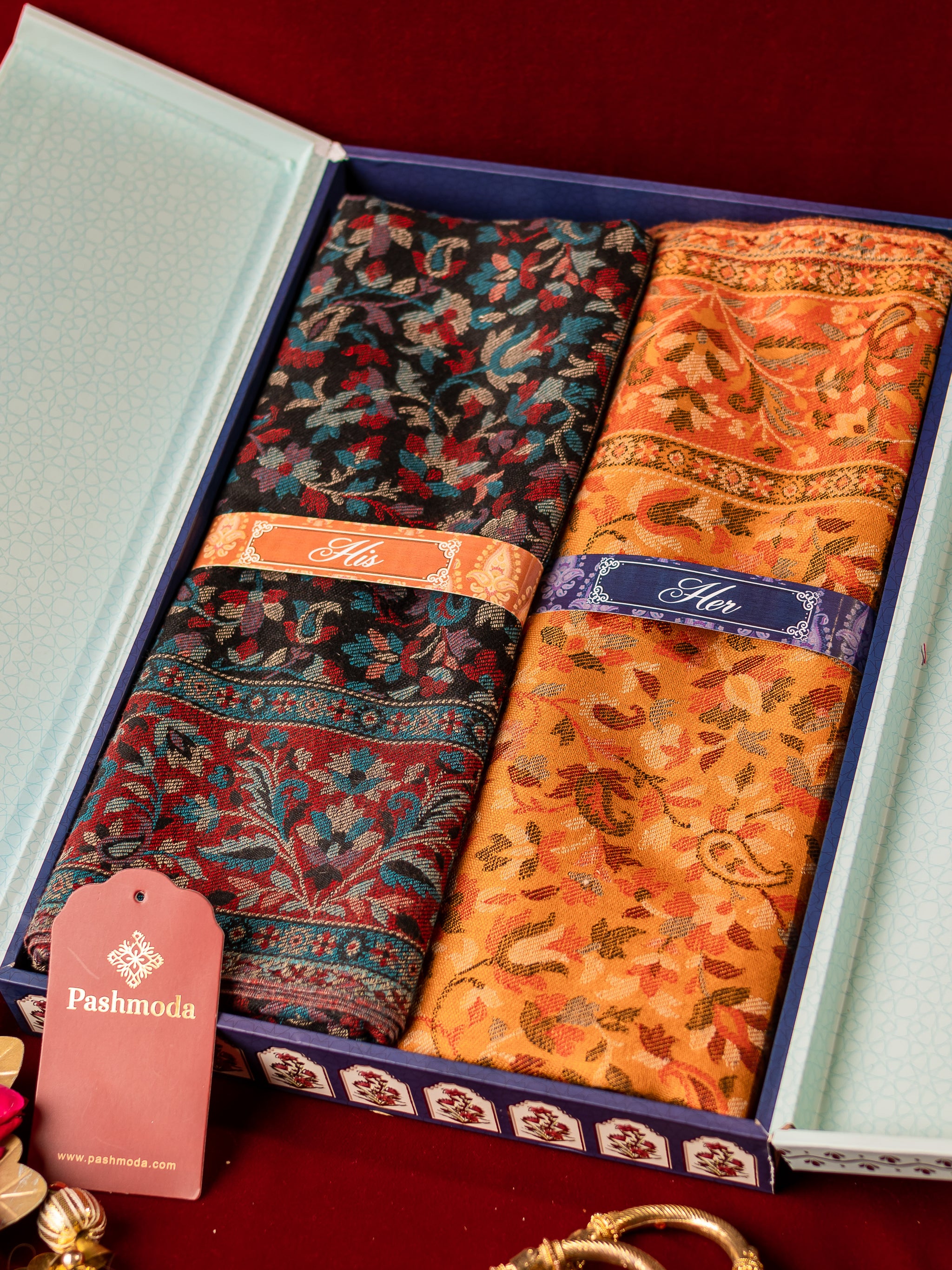 His and Her Gift Set of kaani shawls With Wooden Gift Box