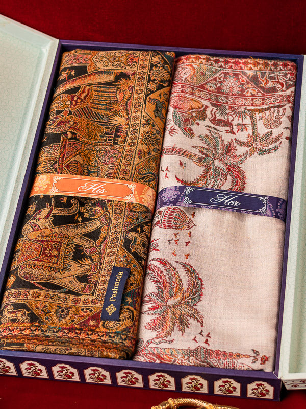His and Her Gift Set of Jamawar Shawls With Wooden Gift Box