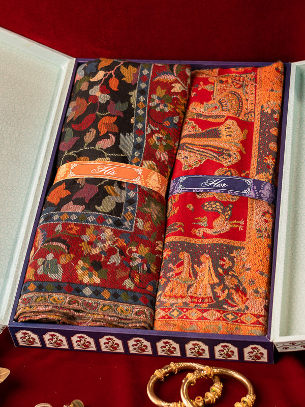 His and Her Gift Set of Kaani Shawls With Wooden Gift Box